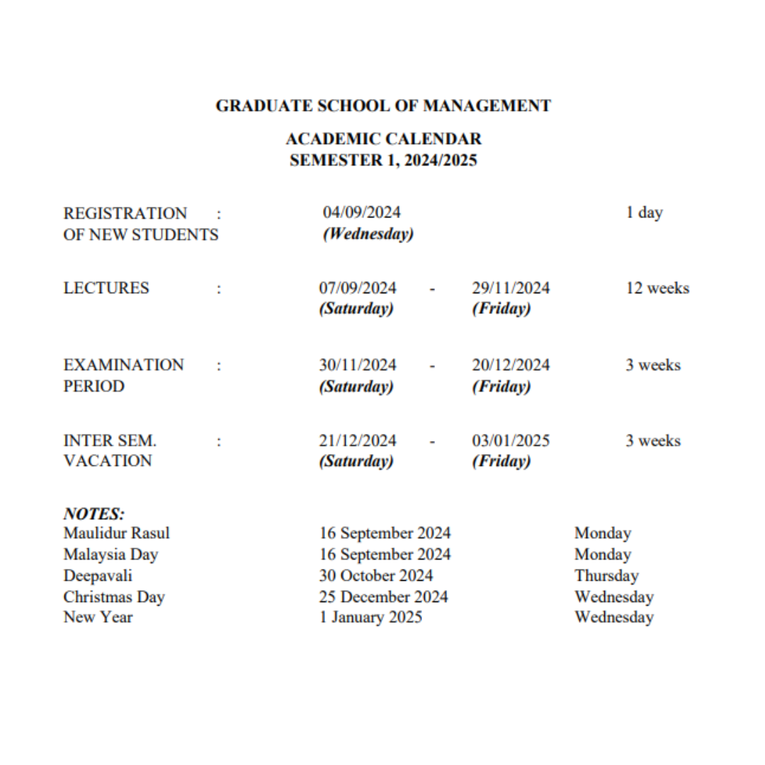 Academic Calendar – IIUM Graduate School of Management