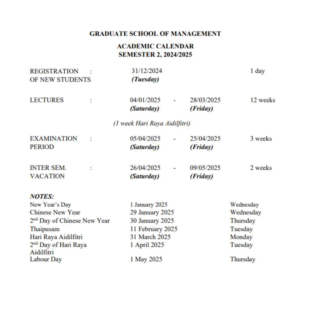 Academic Calendar – IIUM Graduate School of Management