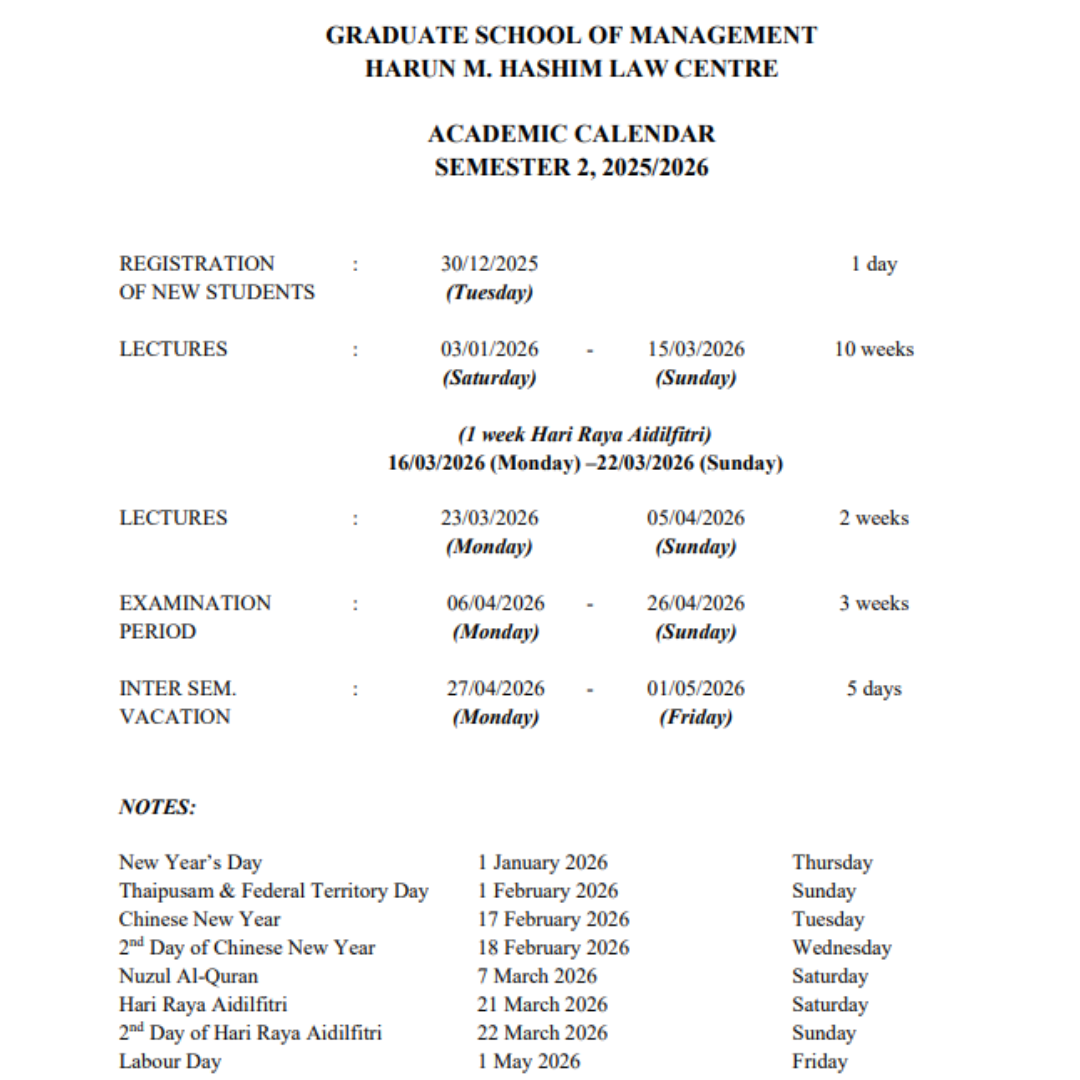 Academic Calendar – IIUM Graduate School of Management